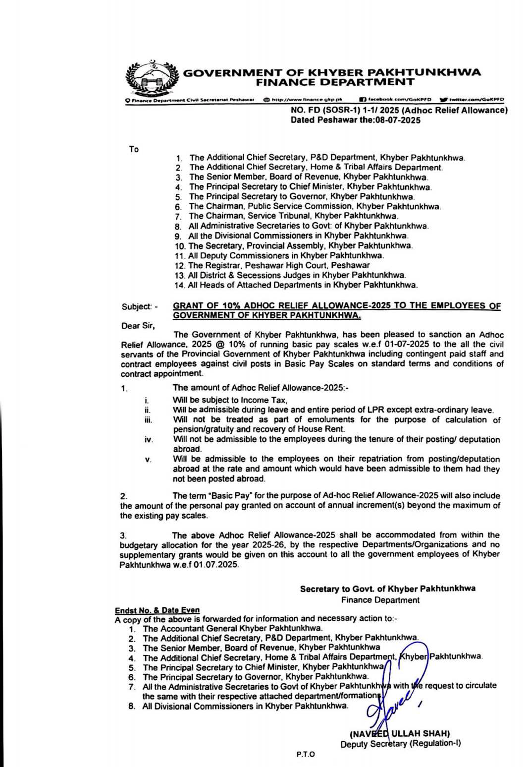 Notification Adhoc Relief Allowance 2025 KPK @ 10% BPS-01 to BPS-22 ...